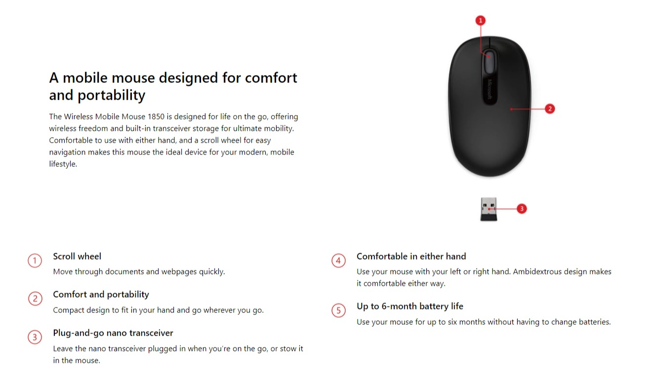Microsoft Wireless Mobile Mouse 1850 Black